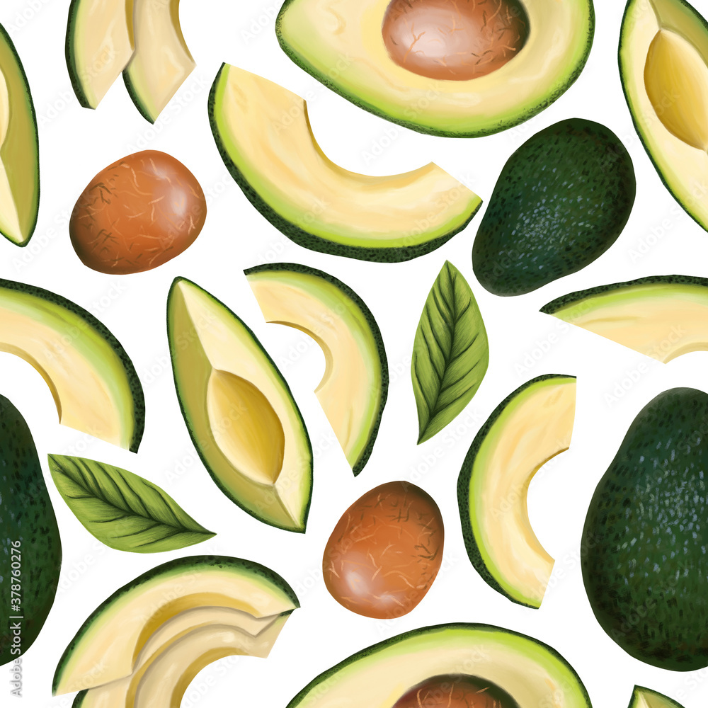 Avocado seamless pattern on an isolated white background. Fruit print ...