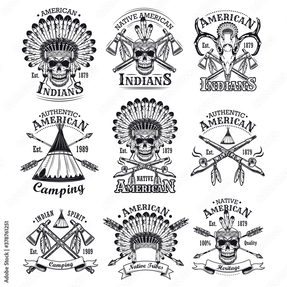 Native Americans emblems set. Red Indians skulls with feather head ...