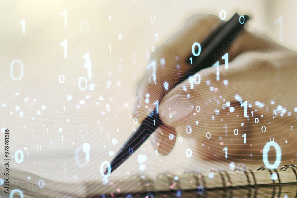 Creative abstract binary code sketch and woman hand writing in notepad ...