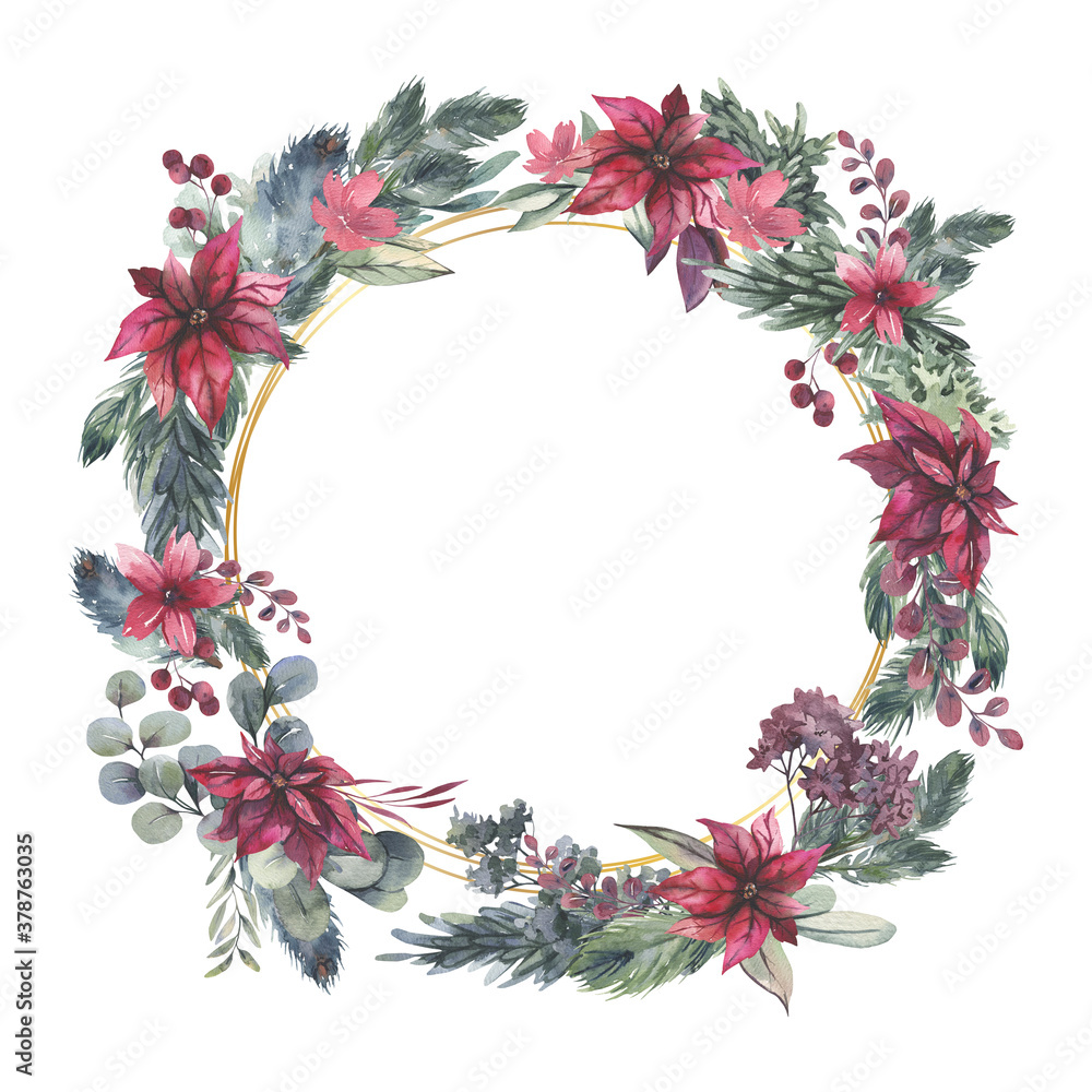 Watercolor hand painted wreath with red flowers and green leaves ...