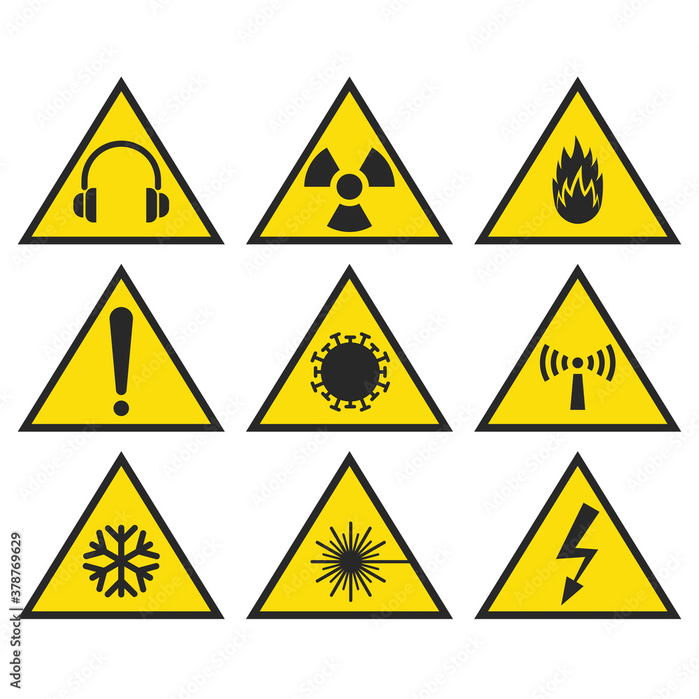 Safety signs set yellow triangle shape, communicate hazards ...