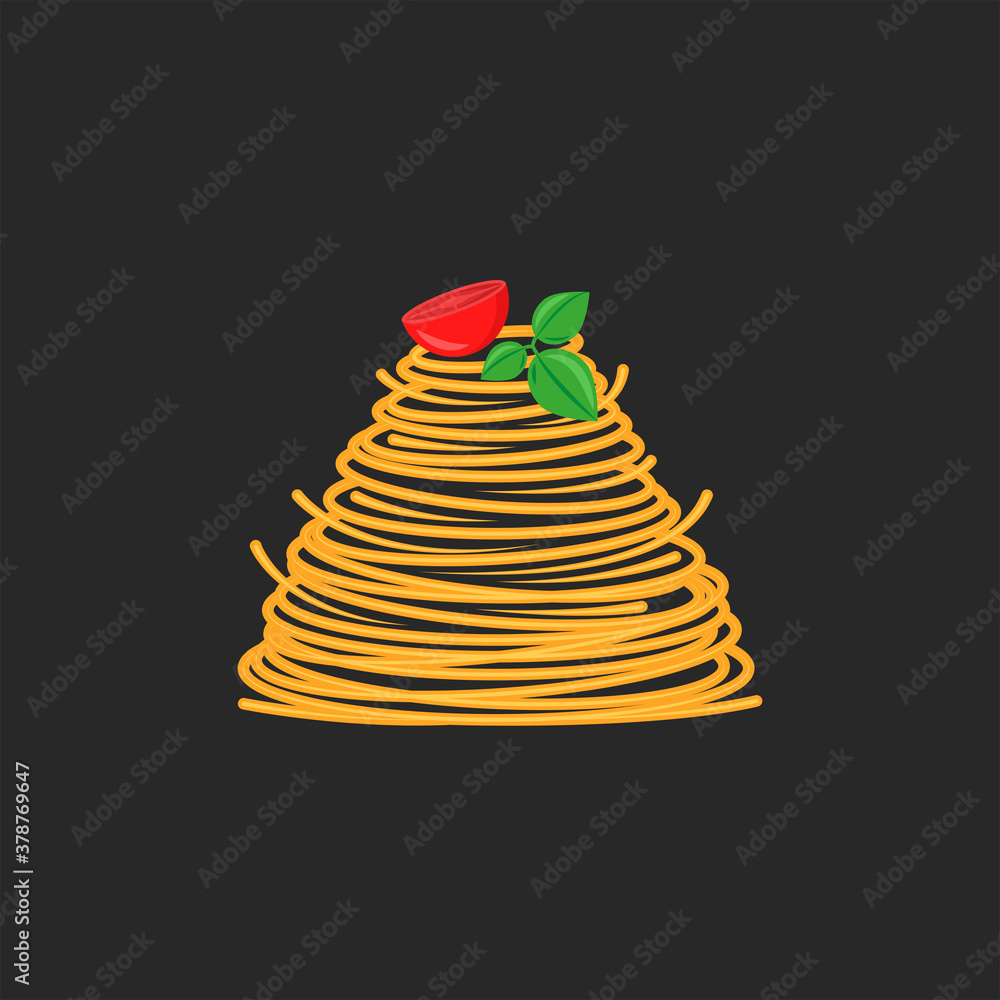 Serving spaghetti dish with cherry tomato and green basil leaves on ...