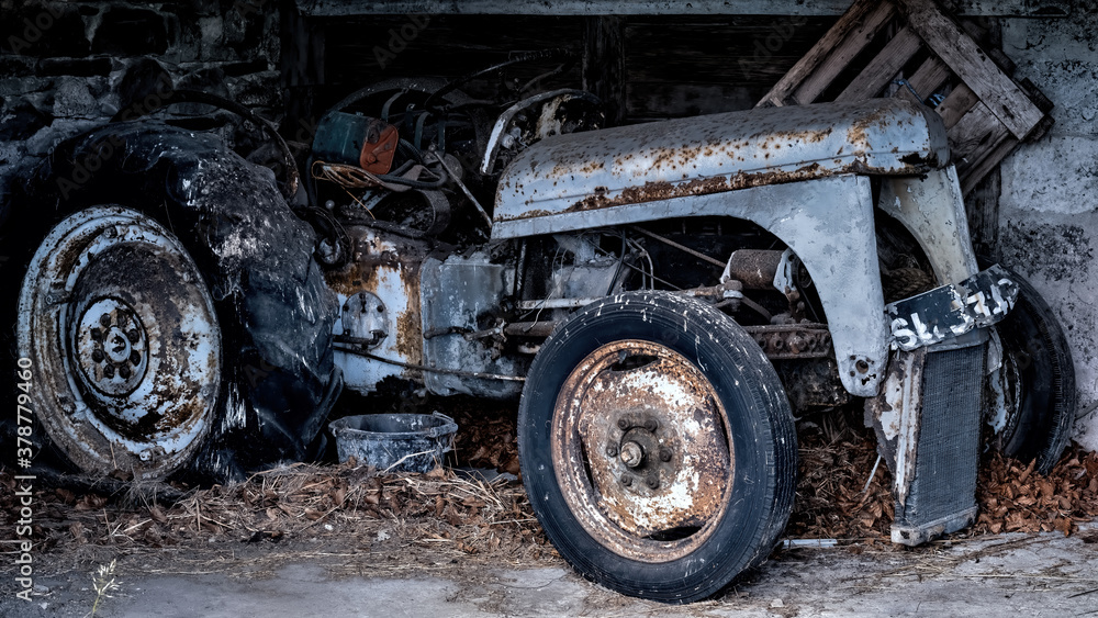 Old vintage tractor lying in disrepair and rotting in a dilapidated ...