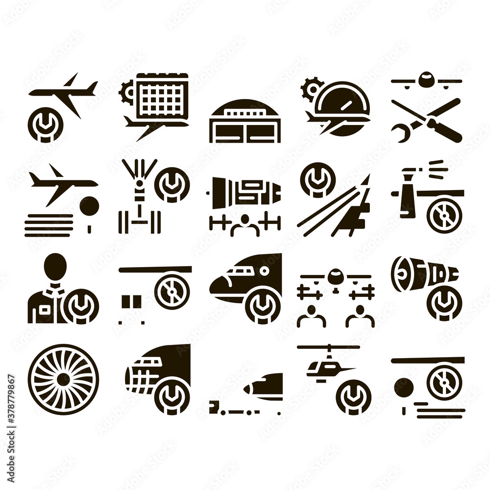 Aircraft Repair Tool Glyph Set Vector Thin Line. Aircraft Engine And ...