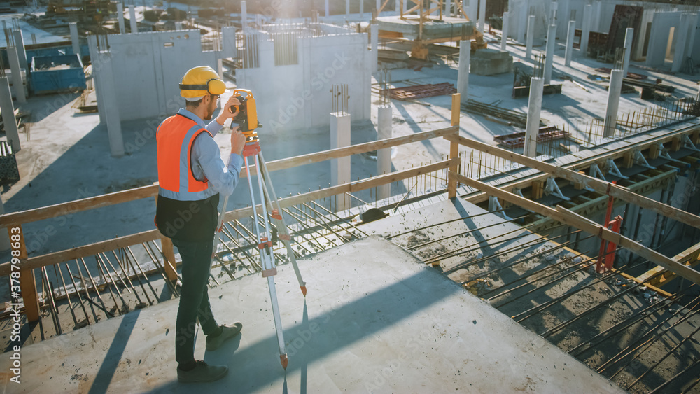 Construction Worker Using Theodolite Surveying Optical Instrument for ...