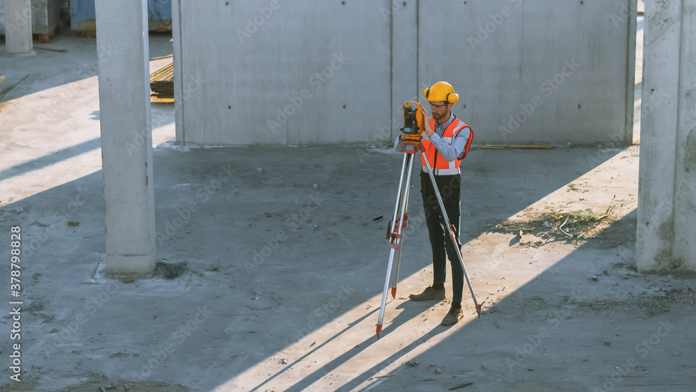 Construction Worker Using Theodolite Surveying Optical Instrument for ...