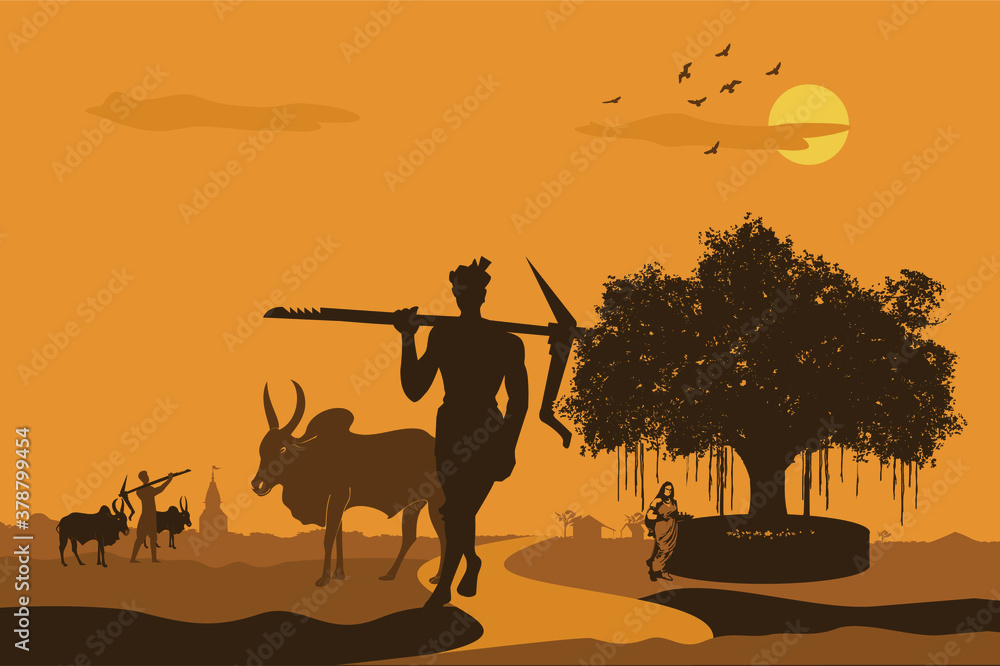 illustration of Indian agriculture with Indian farmer and bulls Stock ...
