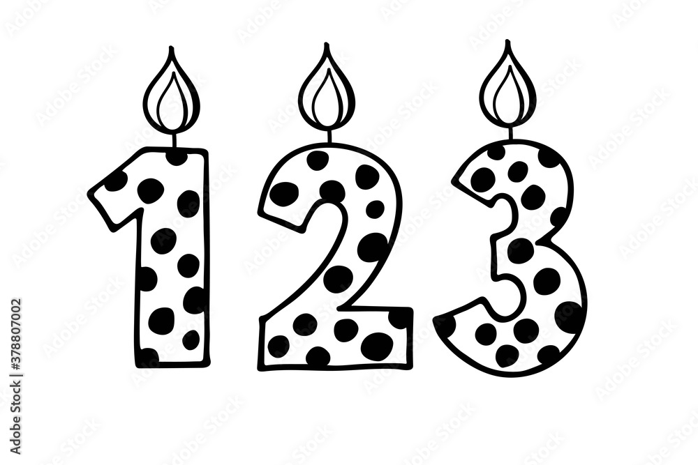 Cute number1 2 3. Hand drown vector figures with polka dot. Design for ...