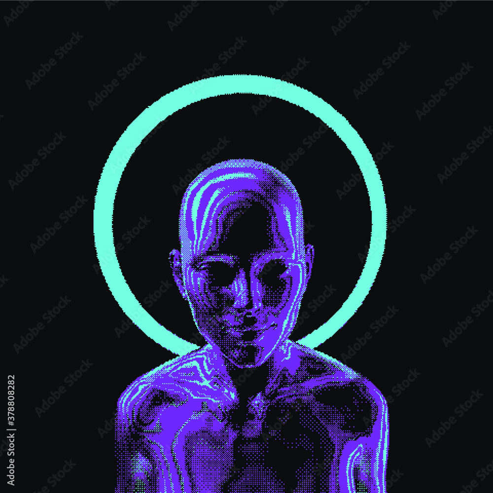 Artificial human made in pixel art style. Retrofuturistic cyberpunk ...