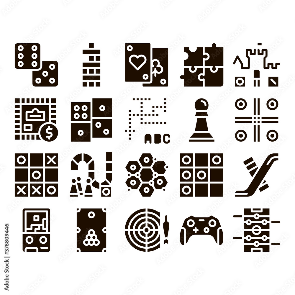 Interactive Kids Games Glyph Icons Set Vector. Domino, Chess And Video ...