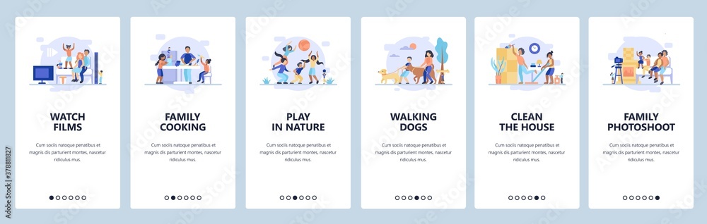 Family time. Parents spending time with kids. Mobile app onboarding ...