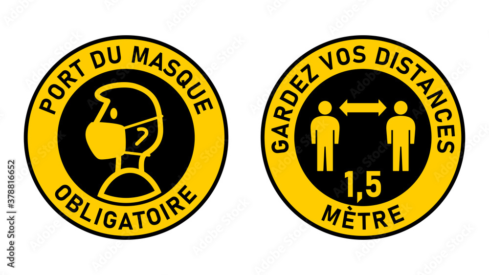 Set of Round Sticker Signs against Coronavirus in French "Port Du ...