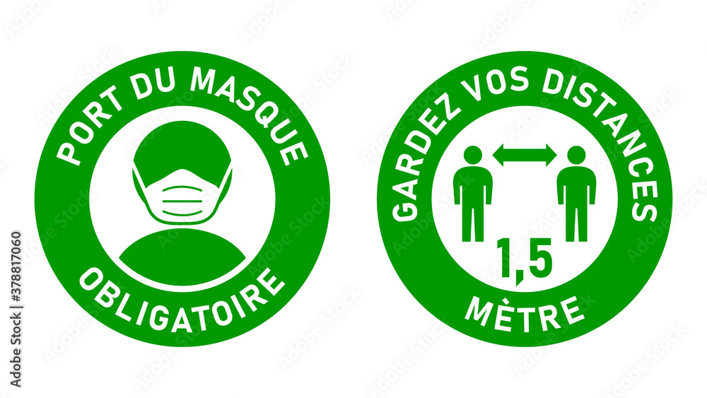 Set of Circular Sticker Signs against Coronavirus in French "Port Du ...