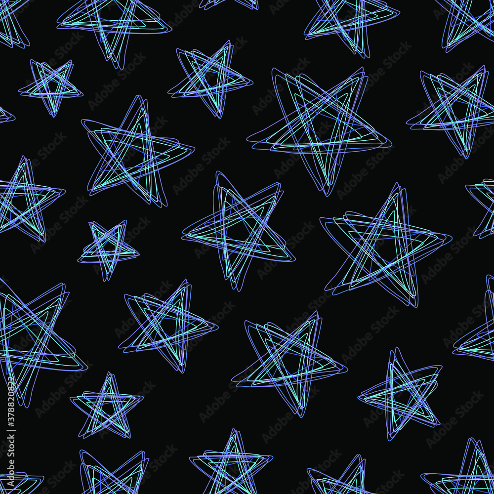 Hand drawn blue stars background on a black background. Seamless vector ...
