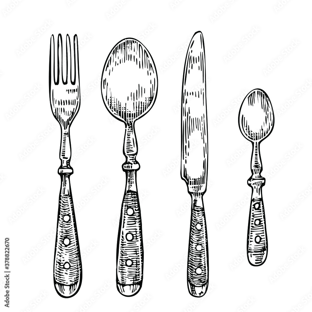 Cutlery etching vector drawing. Vintage Fork, knife, table spoon, tea ... Cutlery etching vector drawing. Vintage Fork, knife, table spoon, tea ...