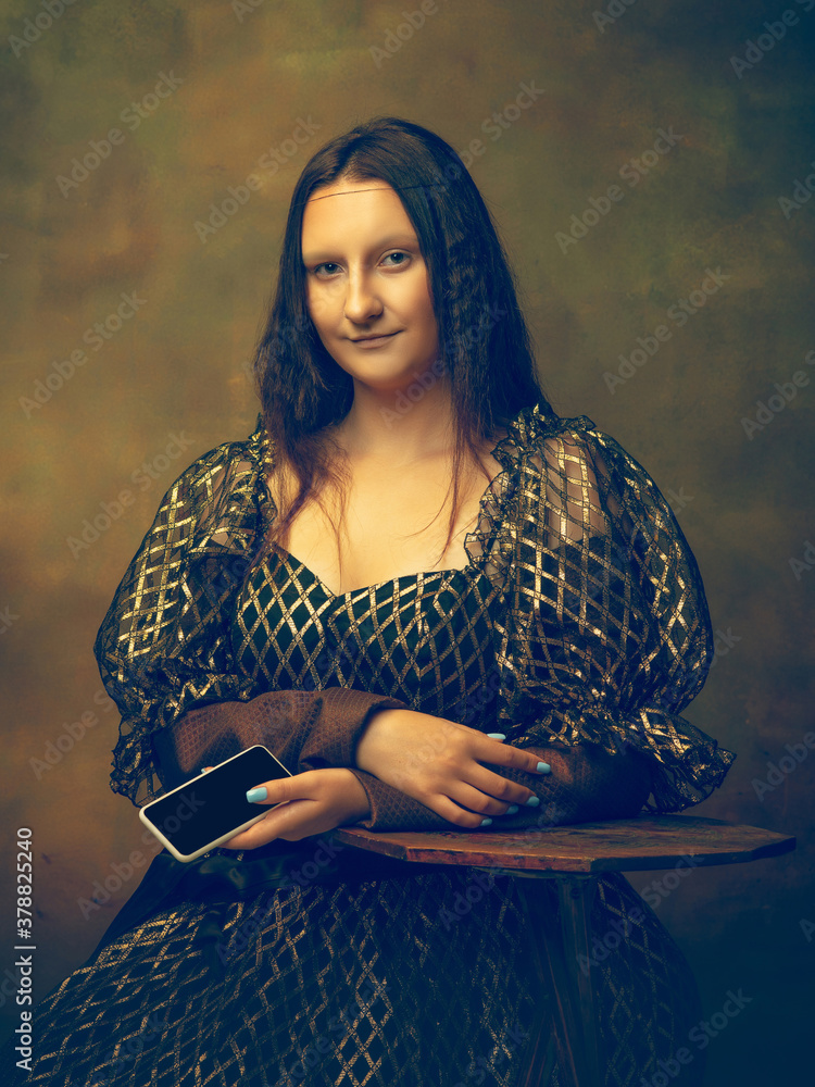 Phone scrolling. Young woman as Mona Lisa, La Gioconda isolated on dark ...
