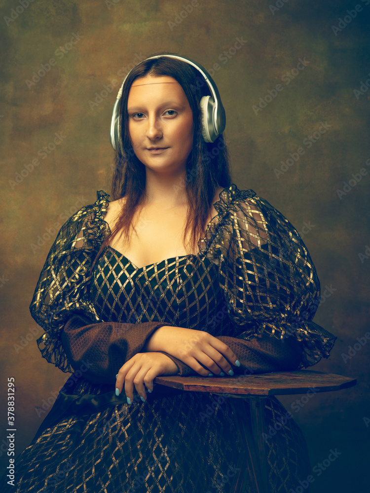 Music. Young woman as Mona Lisa, La Gioconda isolated on dark green ...