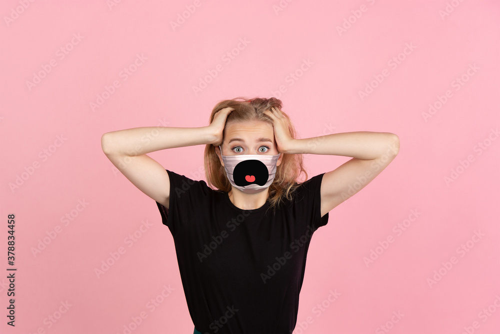 Shocked. Portrait of young girl with emotion on her protective face ...