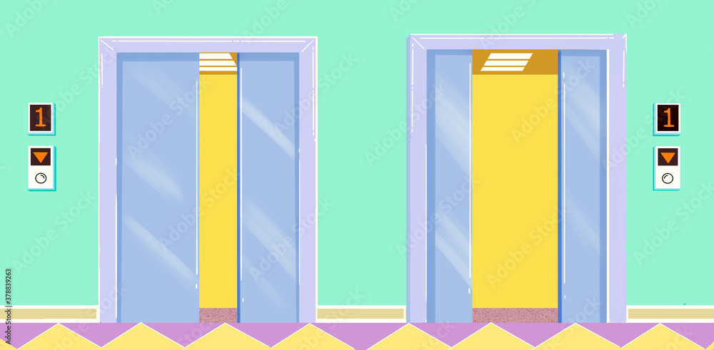 simple flat drawing of two lifts opening their doors on the first floor ...