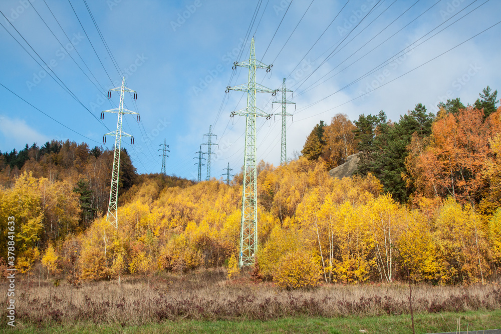 high voltage pylon, in a hill in autumn, golden leaves of stoma Stock ...