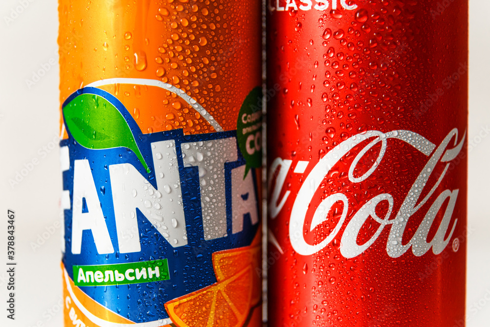 Minsk, Belarus - September 18, 2020: Coca-Cola and Fanta cans with with ...
