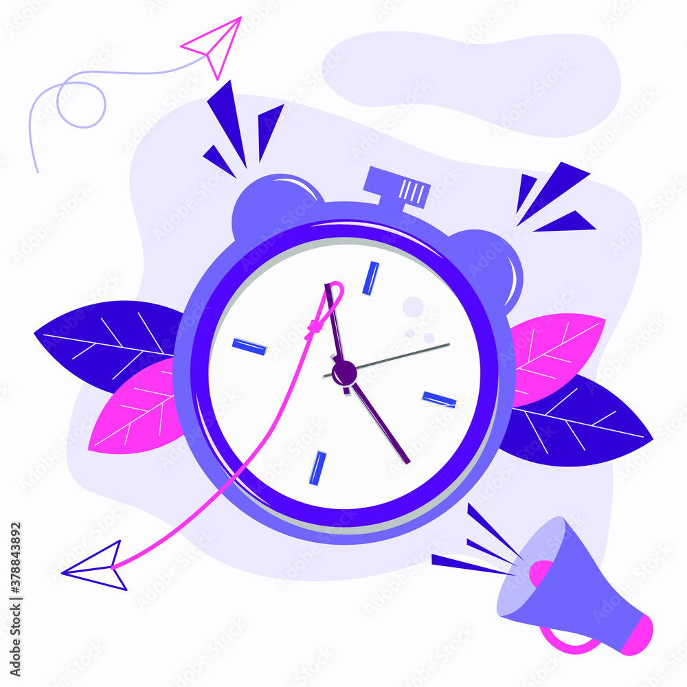 Vector illustration, alarm clock with arrows, working time management ...