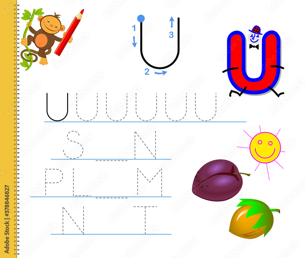 Learn to trace letter U. Study English words. Worksheet for children ...