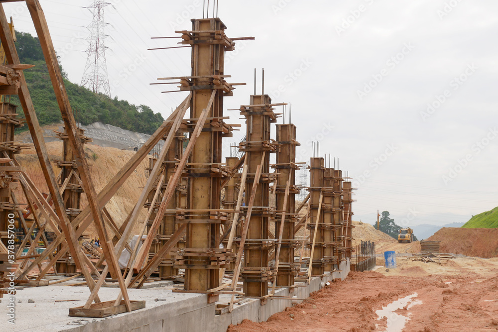 KUALA LUMPUR, MALAYSIA -SEPTEMBER 19, 2020: Column timber form work and ...