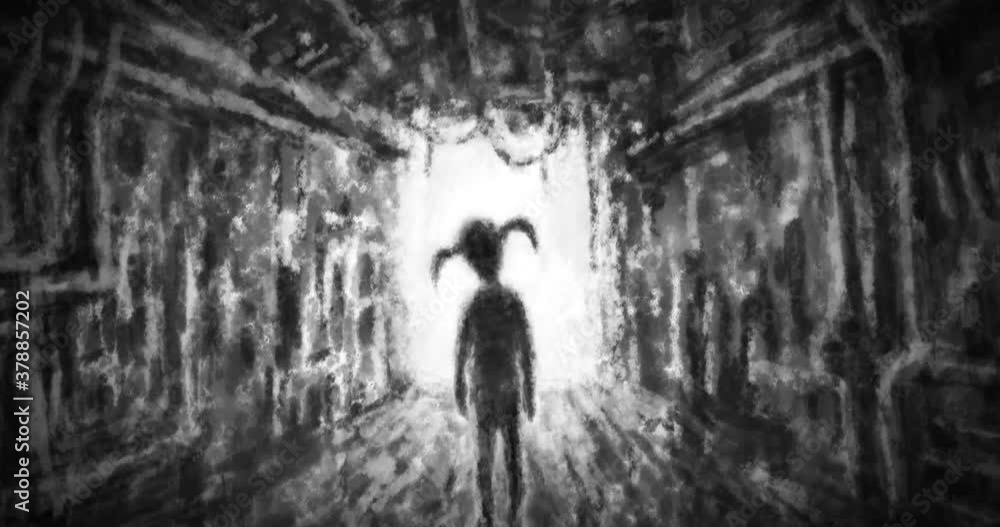 Scary small girl walks along dark corridor and creepy smiles, revealing ...