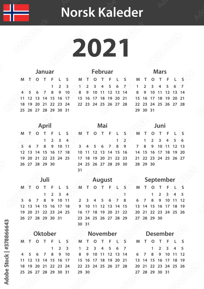 Norwegian Calendar for 2021. Scheduler, agenda or diary template. Week ...