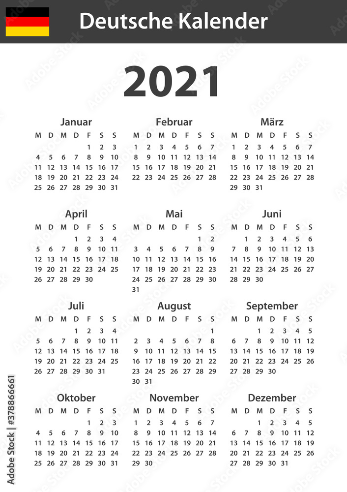 German Calendar for 2021. Scheduler, agenda or diary template. Week ...