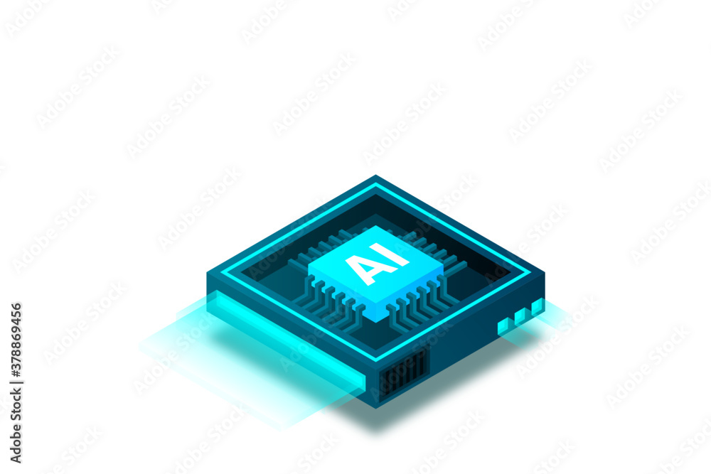Artificial intelligence icon AI, chip brain, quantum computing, cpu, isometric cloud computing ...