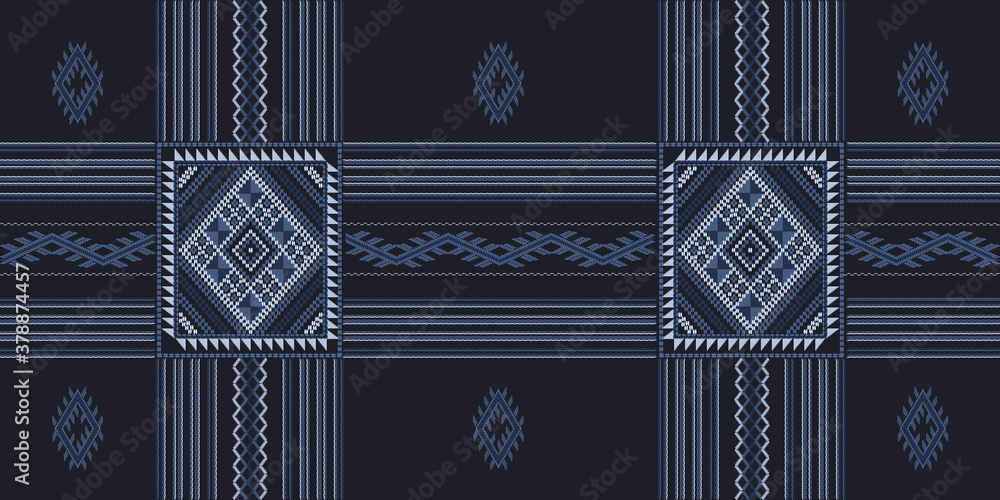 Seamless pattern based on Tai Dum tribal embroidery pattern. Indigo and ...