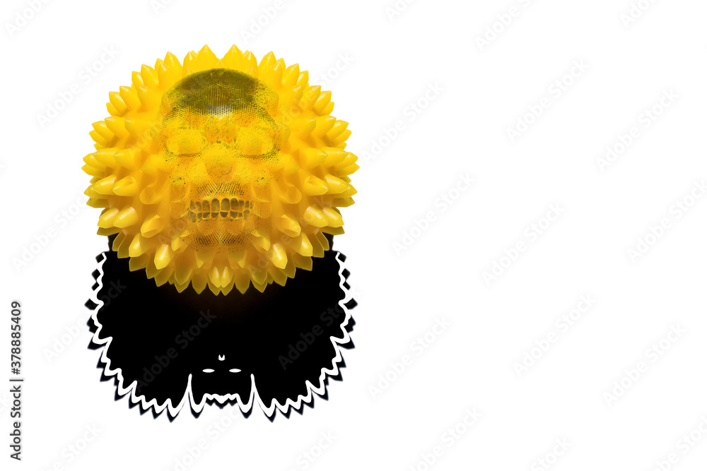 Abstract image of coronavirus. A yellow ball with spikes, the black ...