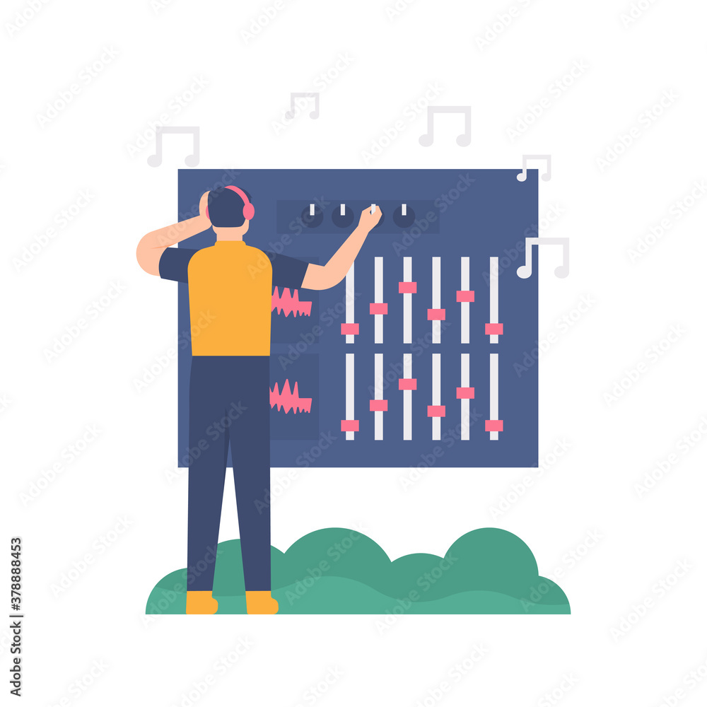 the concept of an audio manager or sound editor. illustration of a man ...