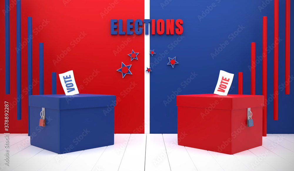 Red and Blue locked ballot box with vote and elections text isolated on ...