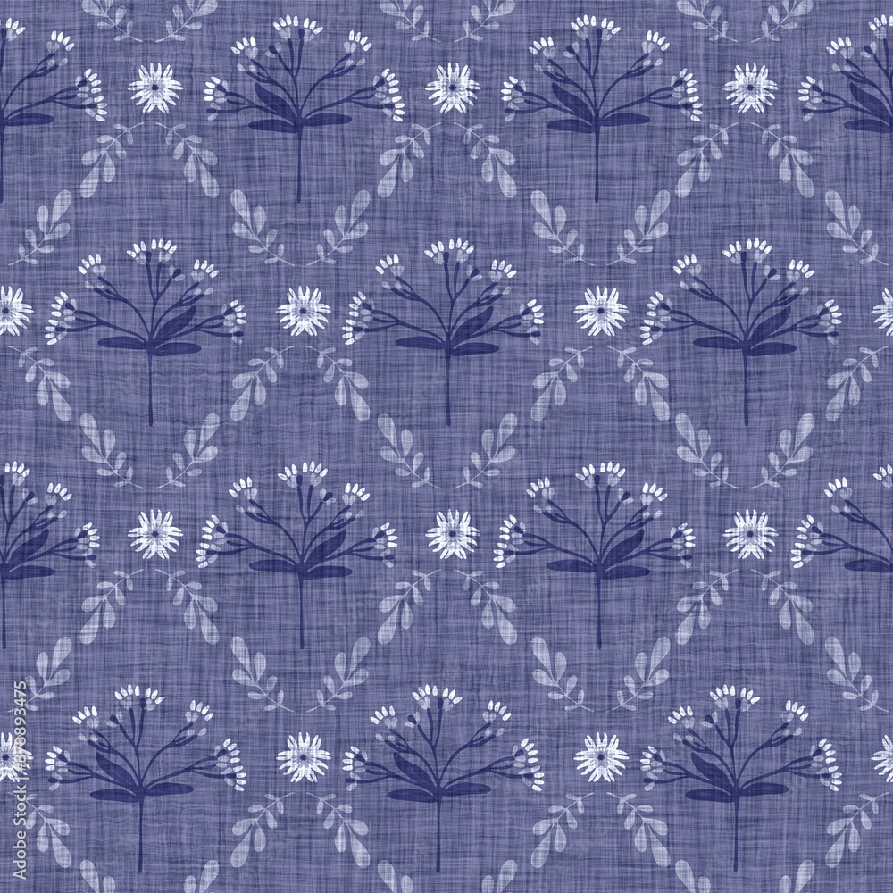 Indigo blue flower block print dyed linen texture background. Seamless ...
