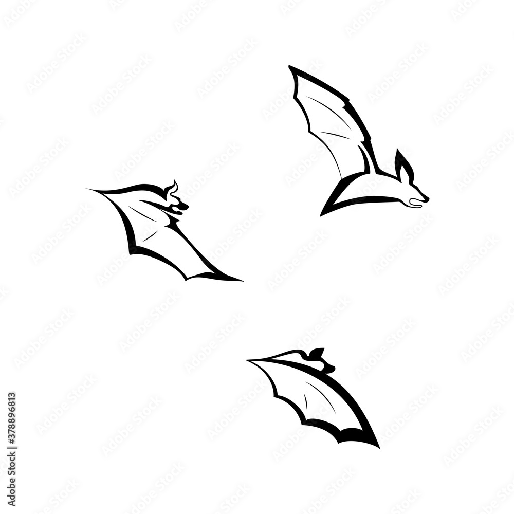 Vector illustration of bats set. Three black and white bats in ...