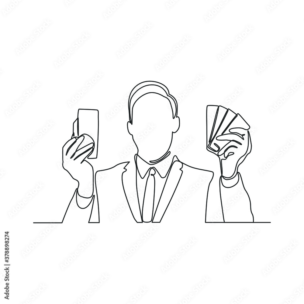 Continuous line drawing of a man holding a wad of money in his hand ...