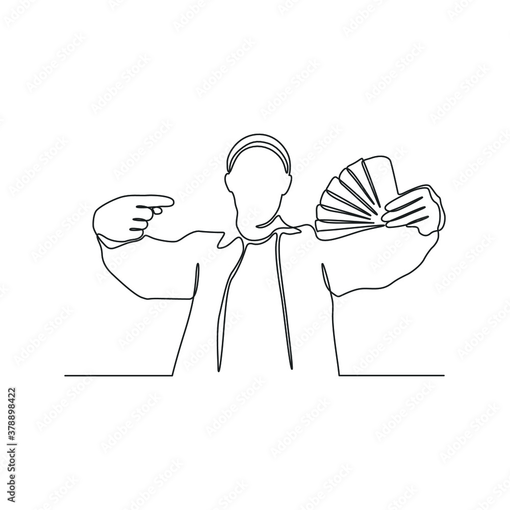 Continuous line drawing of a man holding a wad of money in his hand ...