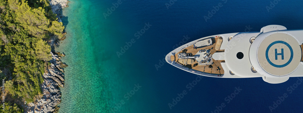 Aerial drone top view ultra wide photo of large yacht - boat with ...