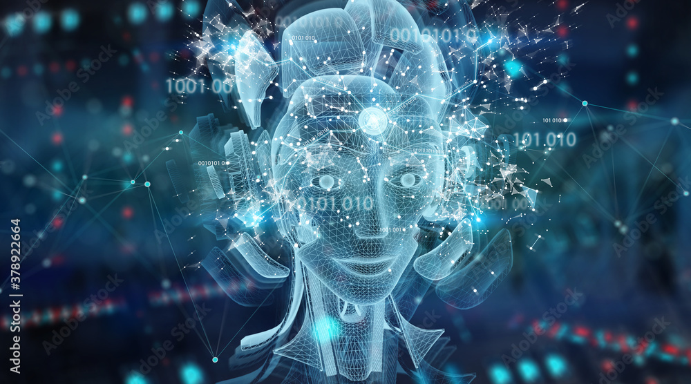 Artificial intelligence holographic projection with robot head 3D ...