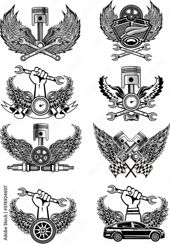 Vector of vintage symbols. Car and Motorbike Service and retro motor ...