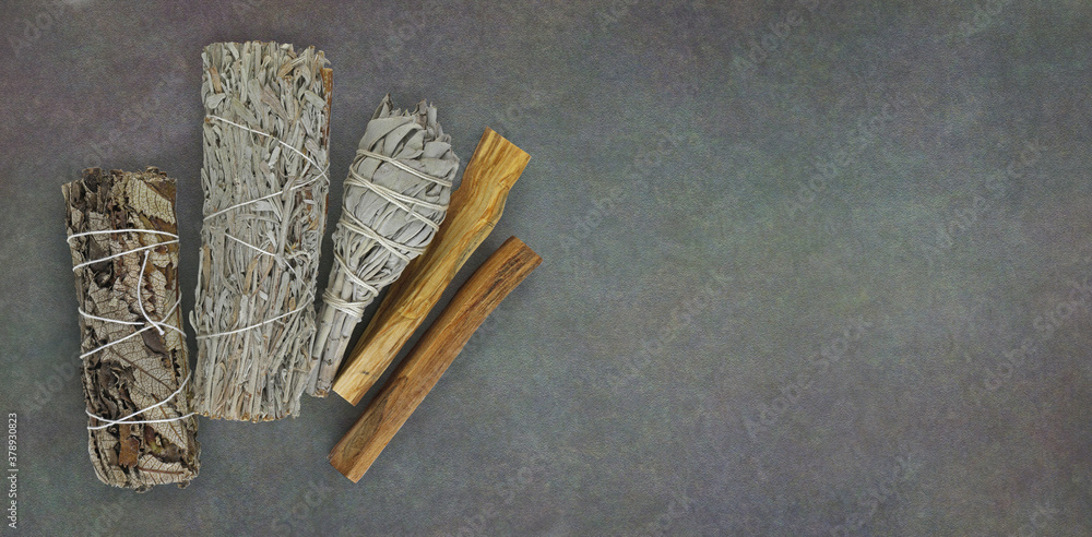 Four different smudge sticks message board background - dark rustic ...