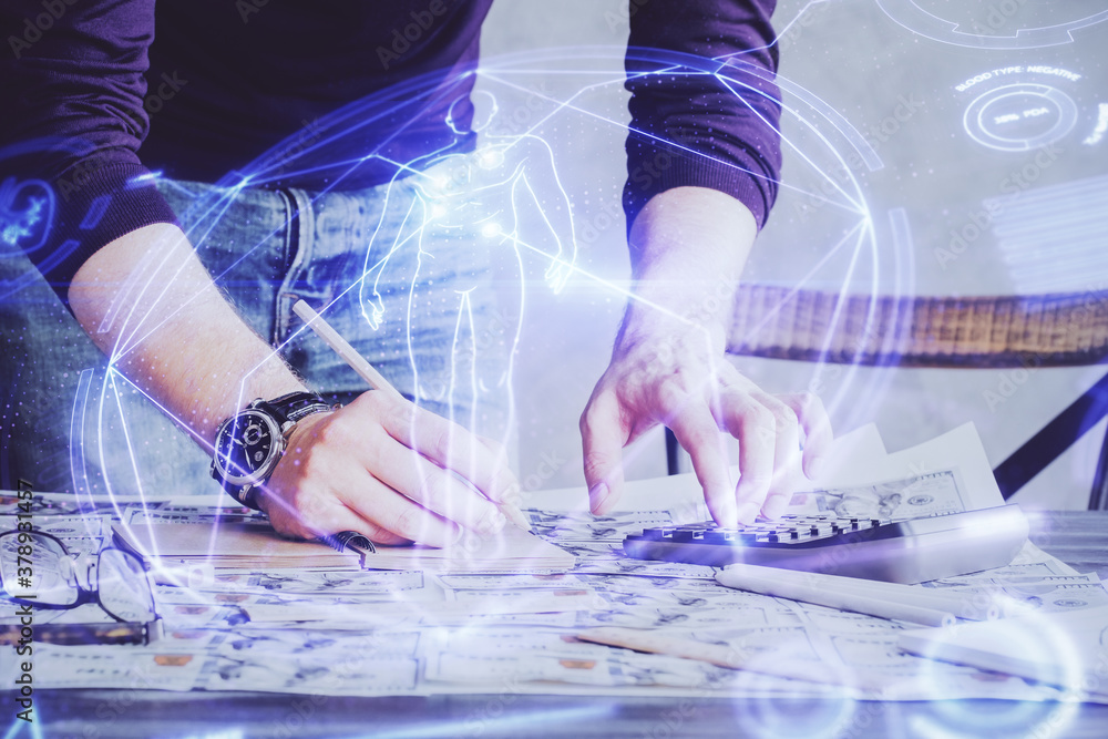 Man's hands working with notes background. Modern computer record ...