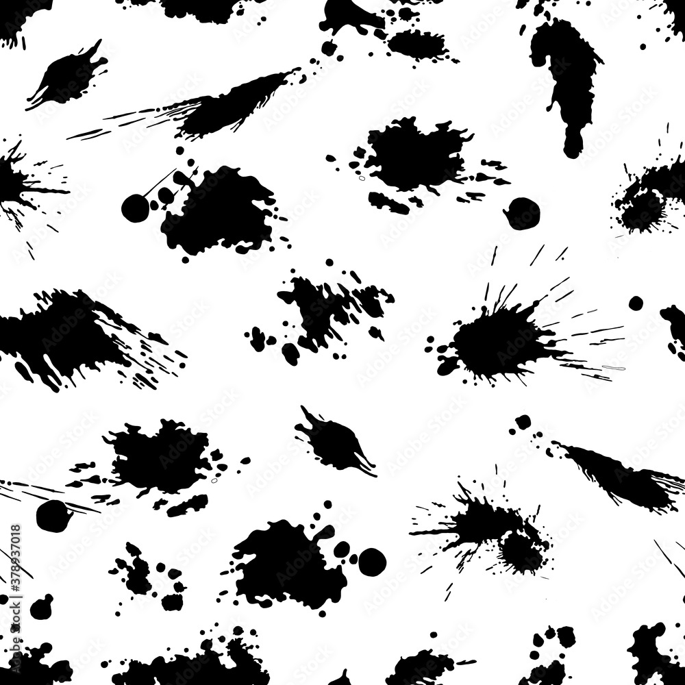 Vector black and white seamless pattern with ink splash, blot and brush ...