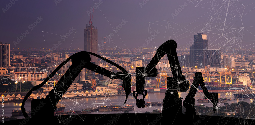 Silhouette of modern automation robot arms with Ai assistant technology ...