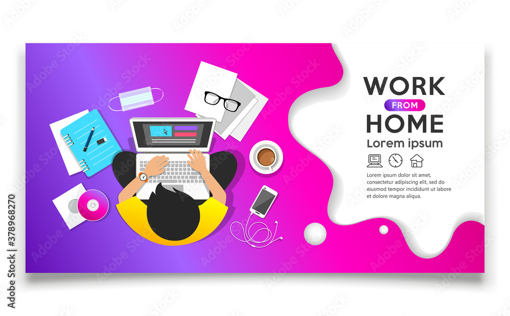 Work from home concept, man sitting work computer, top view banner ...