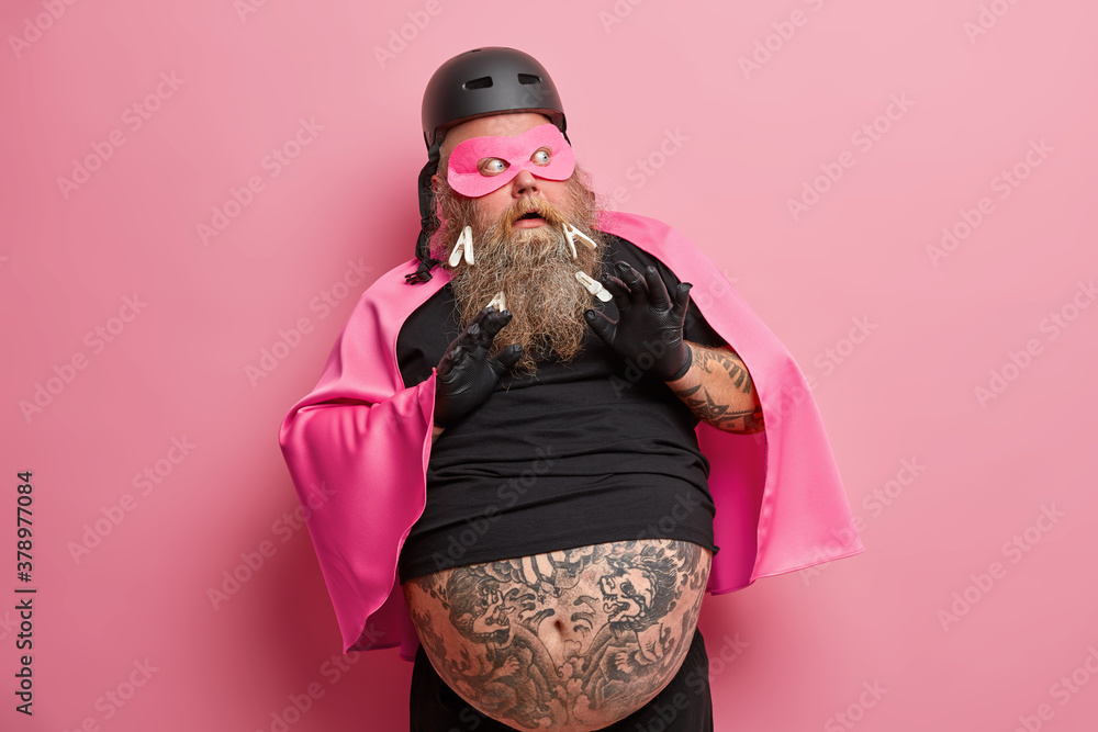 Scared plump man looks with frightened expression aside dressed in ...