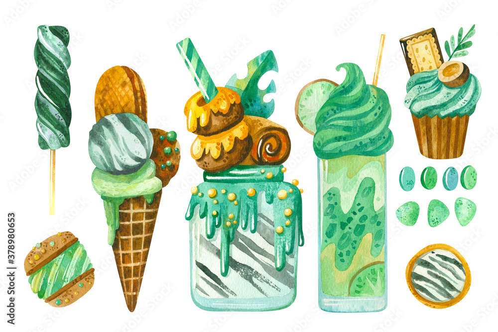 Cartoon sweets and yummies collection, watercolor clipart. Sweet-stuff ...